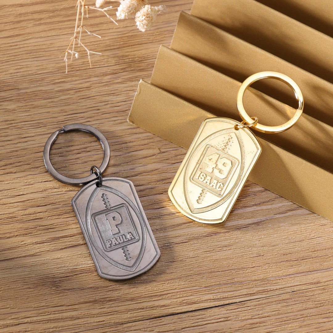 Custom Name Keychain With Jersey Number, Personalized Football Keyring ...