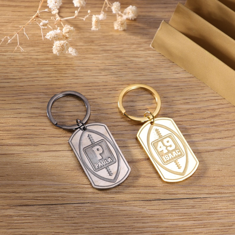 Custom Name Keychain With Jersey Number, Personalized Football Keyring ...