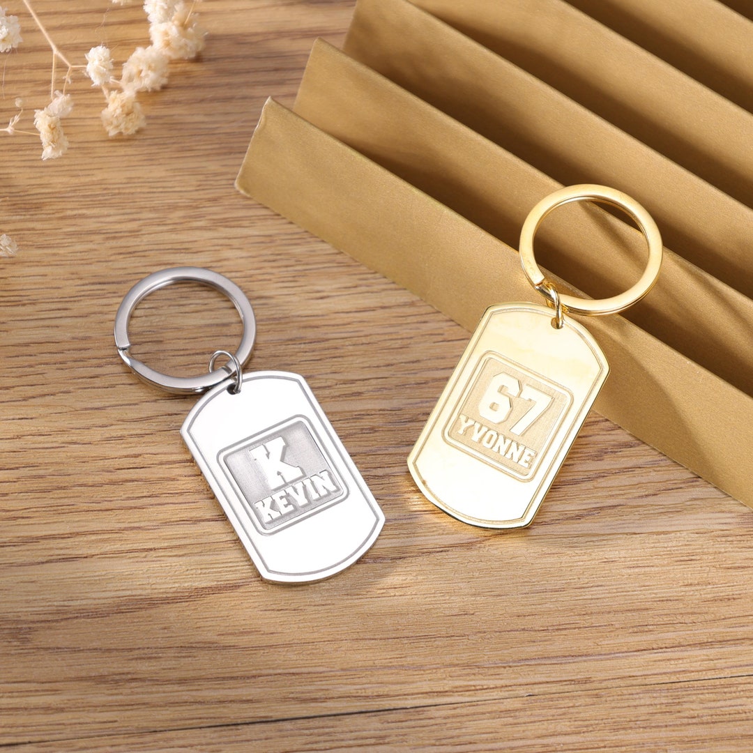 Custom Hand Engraved Name Keychain, Personalized Jersey Number Keyring ...