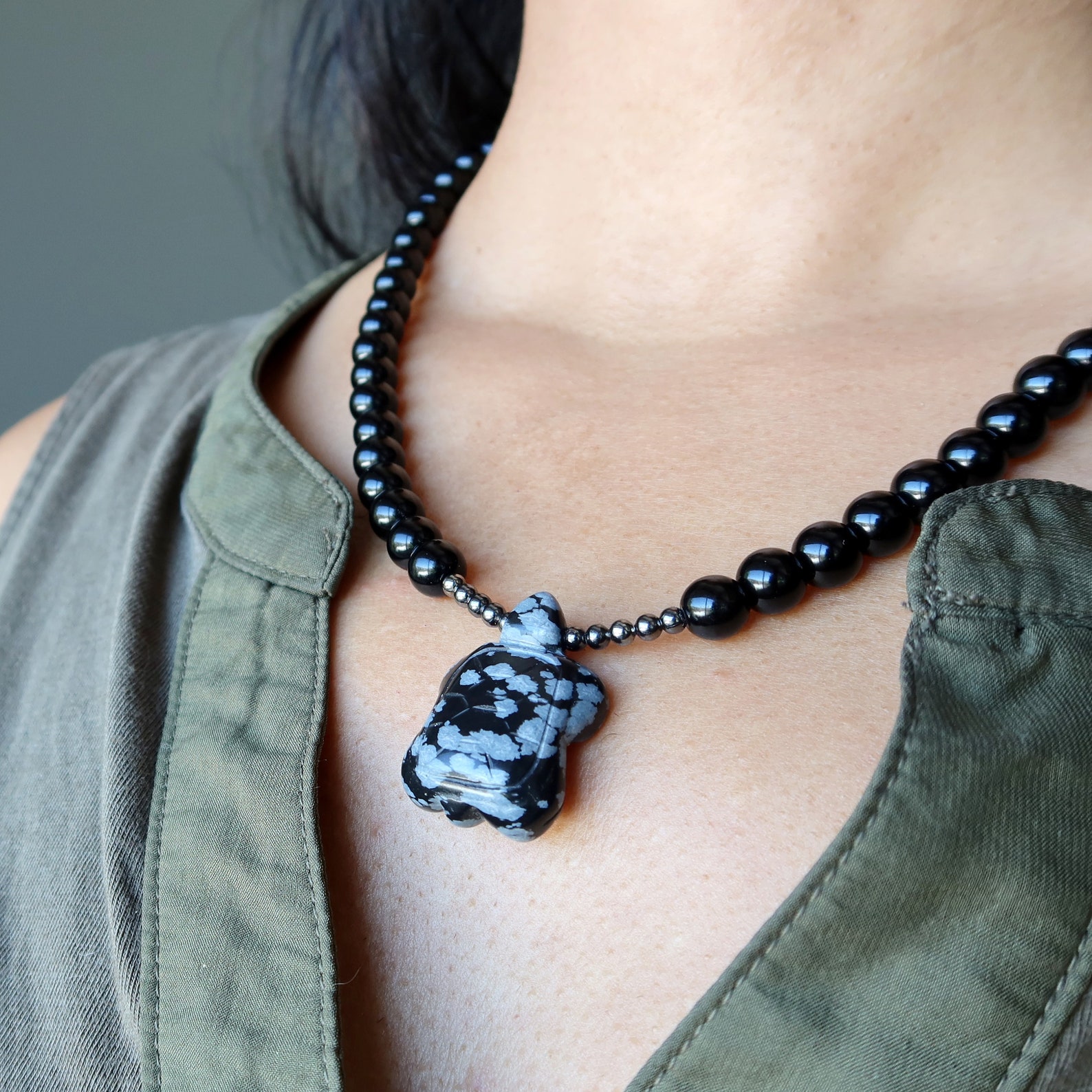 Obsidian Necklace Turtle Crystal Black Snowflake - Etsy