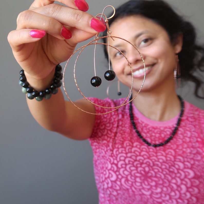 Jet Hoop Earrings Black Gemstone Large Copper Circles - Etsy