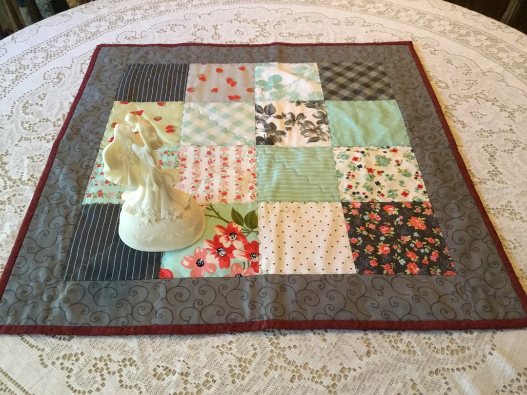 Gray Floral Table Topper, Floral Gray Table Topper, Quilted Table ...