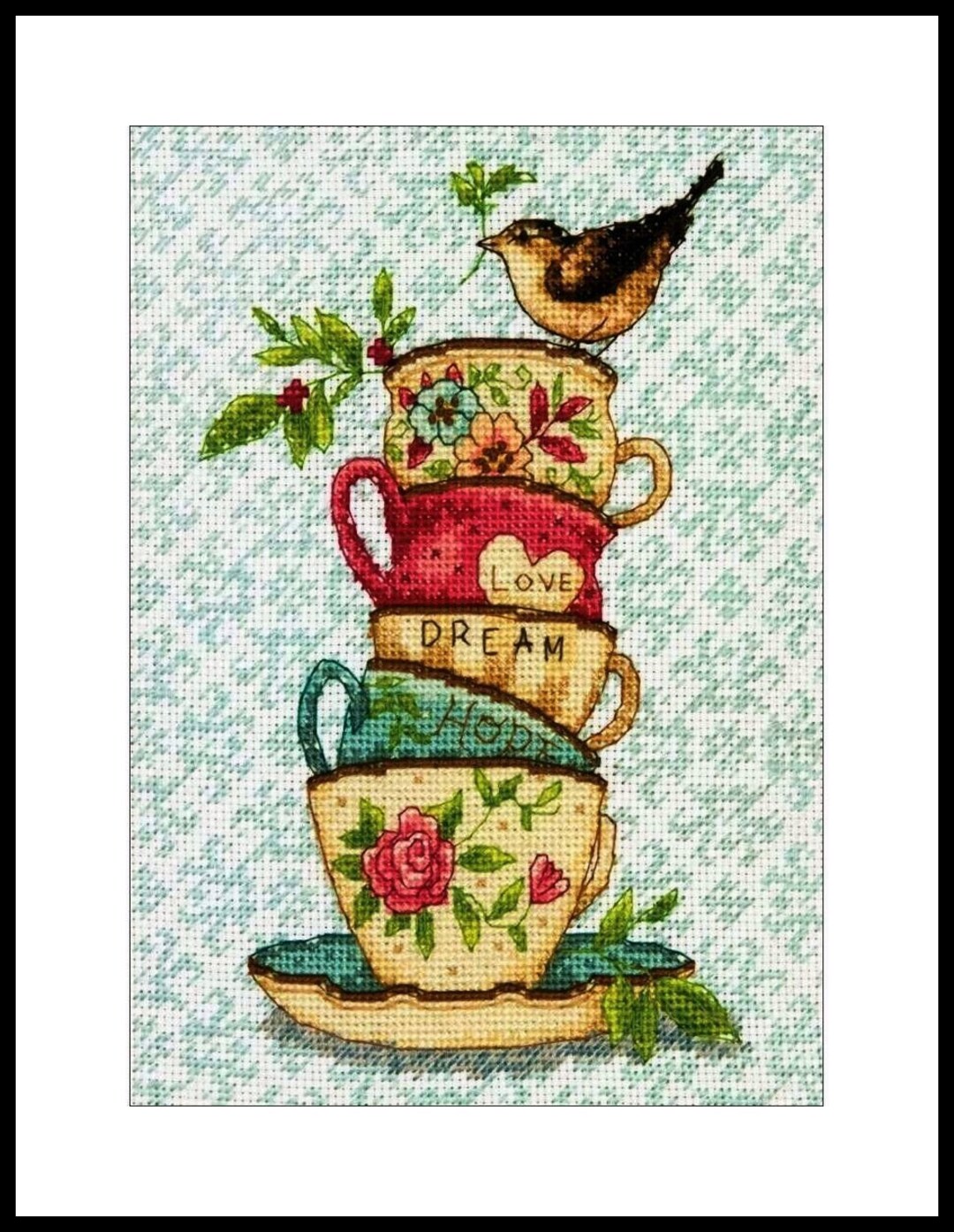PDF SAGA Digital Cross Stitch Pattern Stacked Tea Cups Birds Kitchen ...