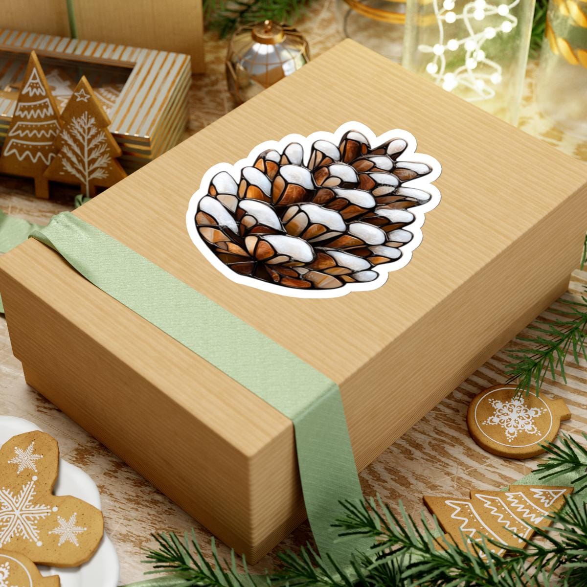 Winter Pinecone Kiss-cut Stickers, Snow-covered Pine Cone Stained Glass ...