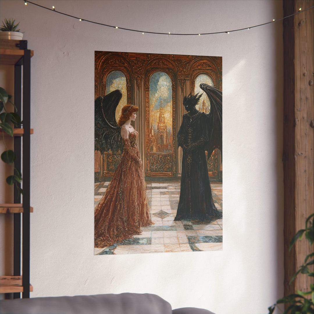 Ethereal Confrontation: Victorian Angel and Demon in Elegant Stare ...