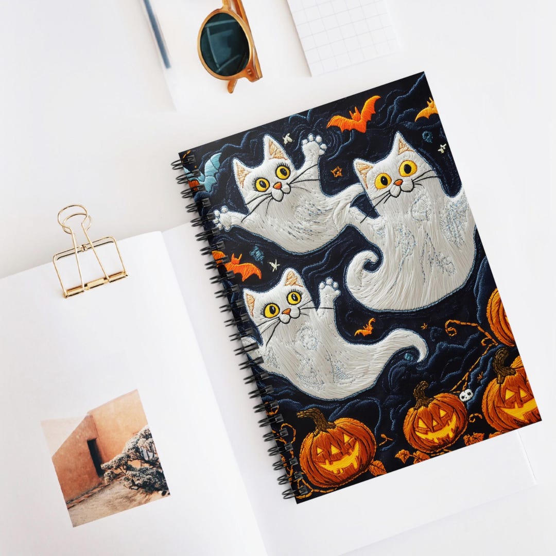 Spooky Paws: Cute Embroidered Cat Ghosts and Pumpkins Spiral Notebook ...