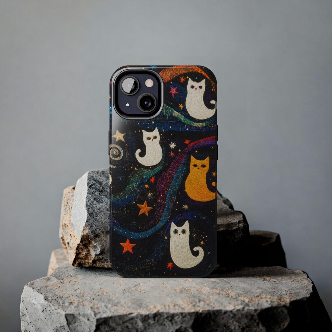 Galactic Paws: Embroidered Cats in Space Phone Case - Etsy