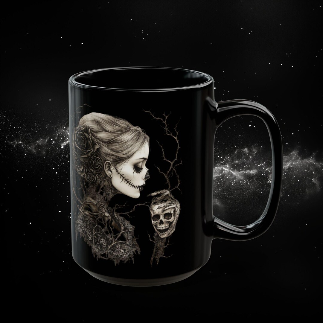 Thorned Elegance: Skeletal-faced Lady Holding a Skull Mug Black Mug (11oz, 15oz) - Etsy