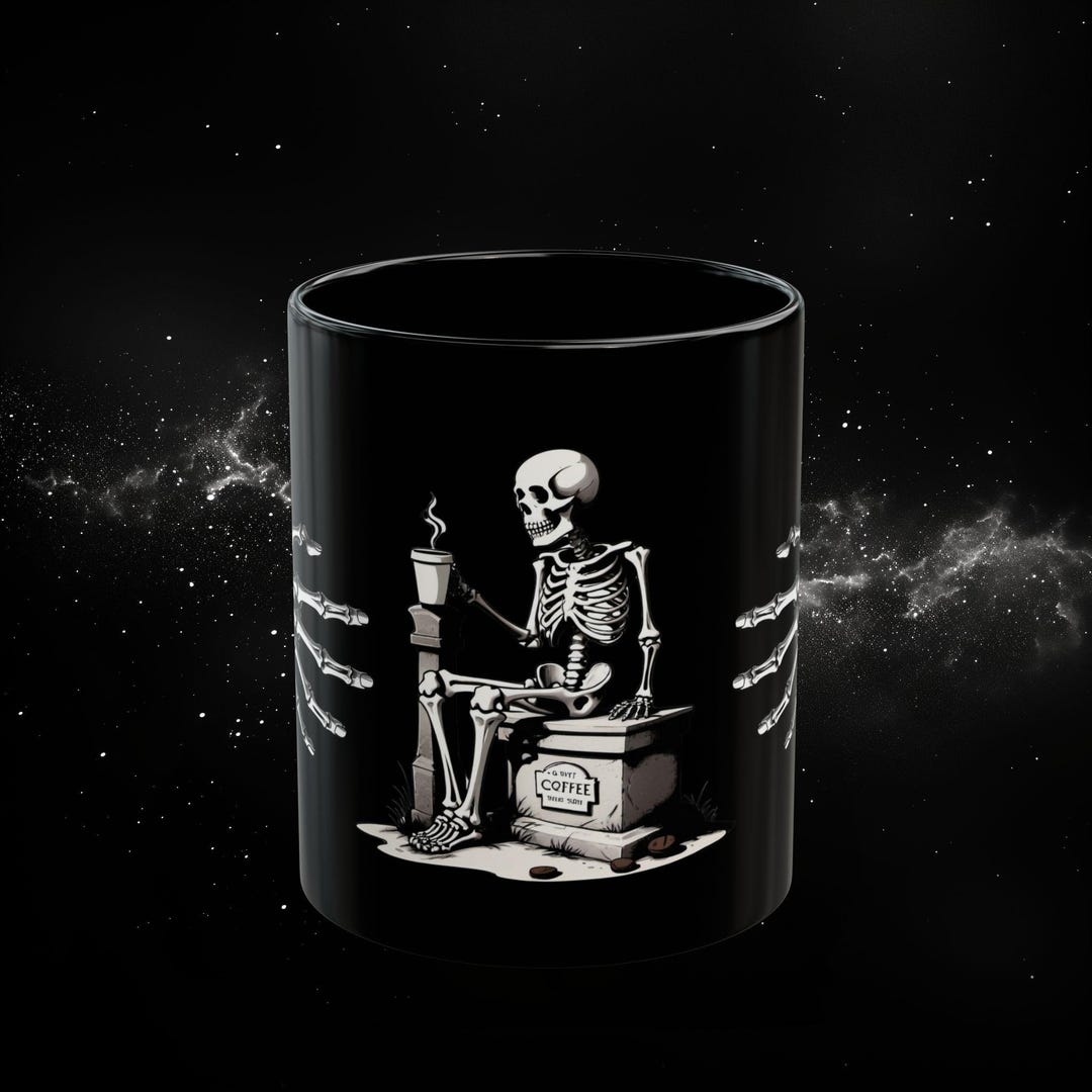 Skeleton Coffee Mug, Gothic Halloween Tombstone Cup, Black Glossy ...