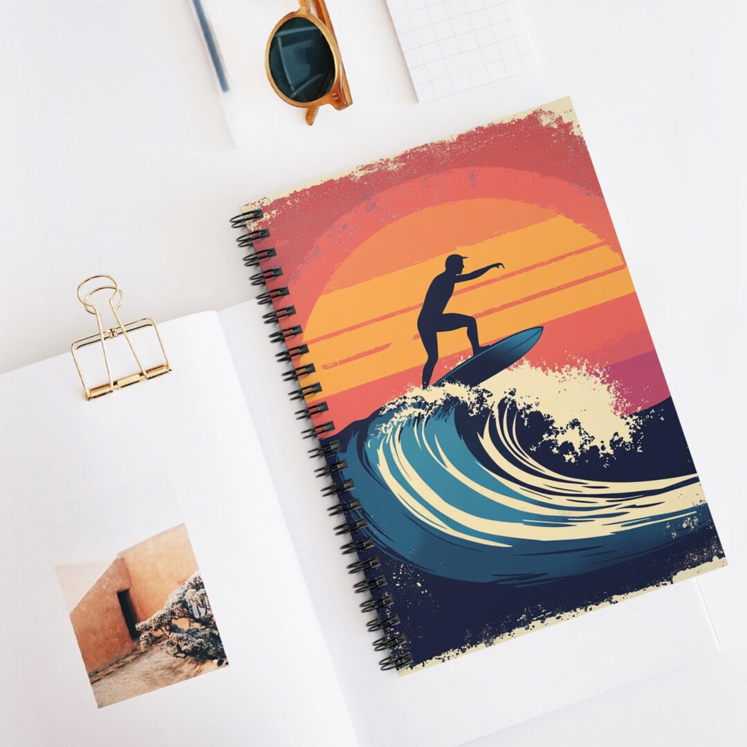 Spiral Notebook - Vintage Surfing Poster Design, Retro Surf Silhouette ...