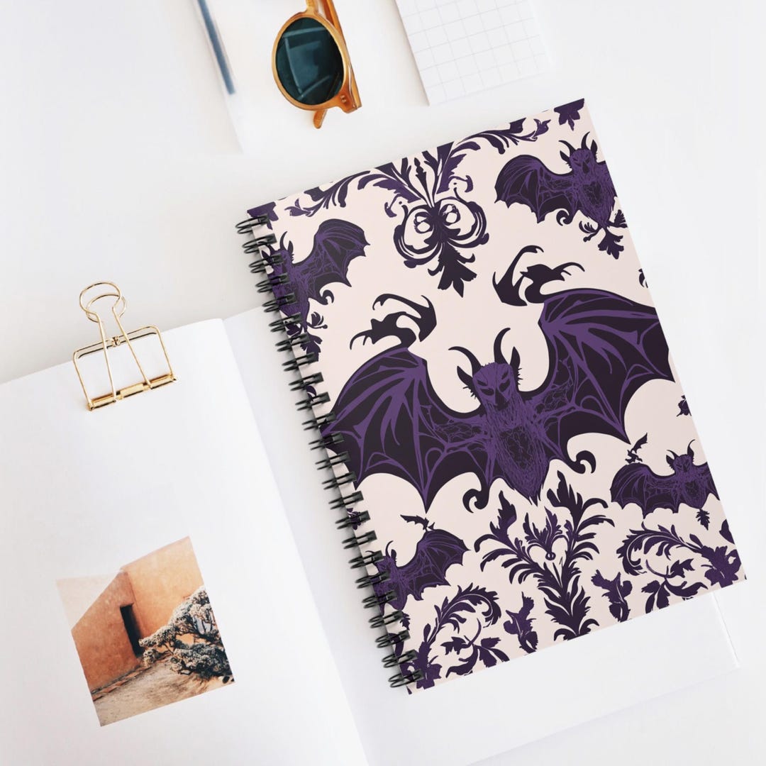 Gothic Elegance: Purple and Black Bat-themed Spiral Notebook With ...