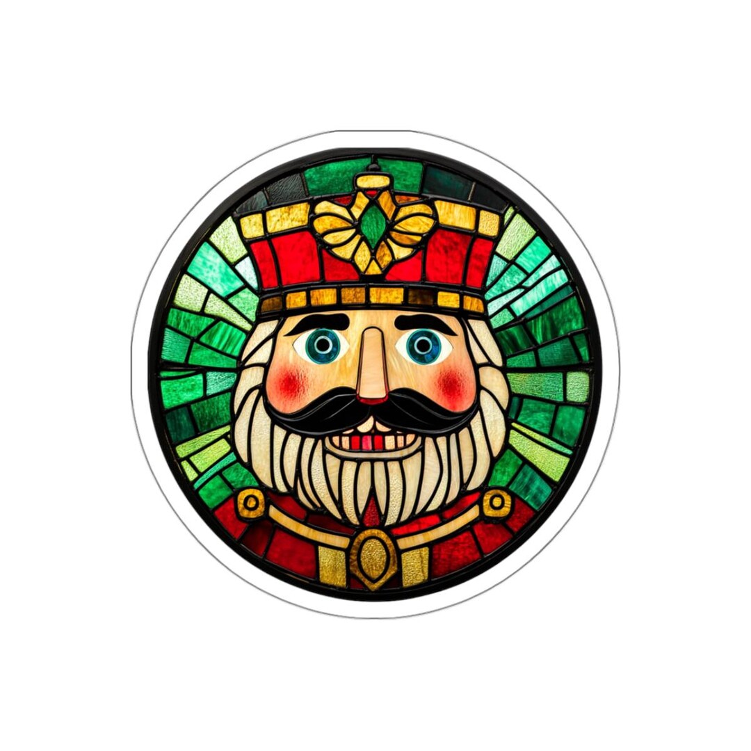 Classic Nutcracker Face Sticker, Stained Glass Design, Bold Reds, Greens, and Golds, Holiday ...