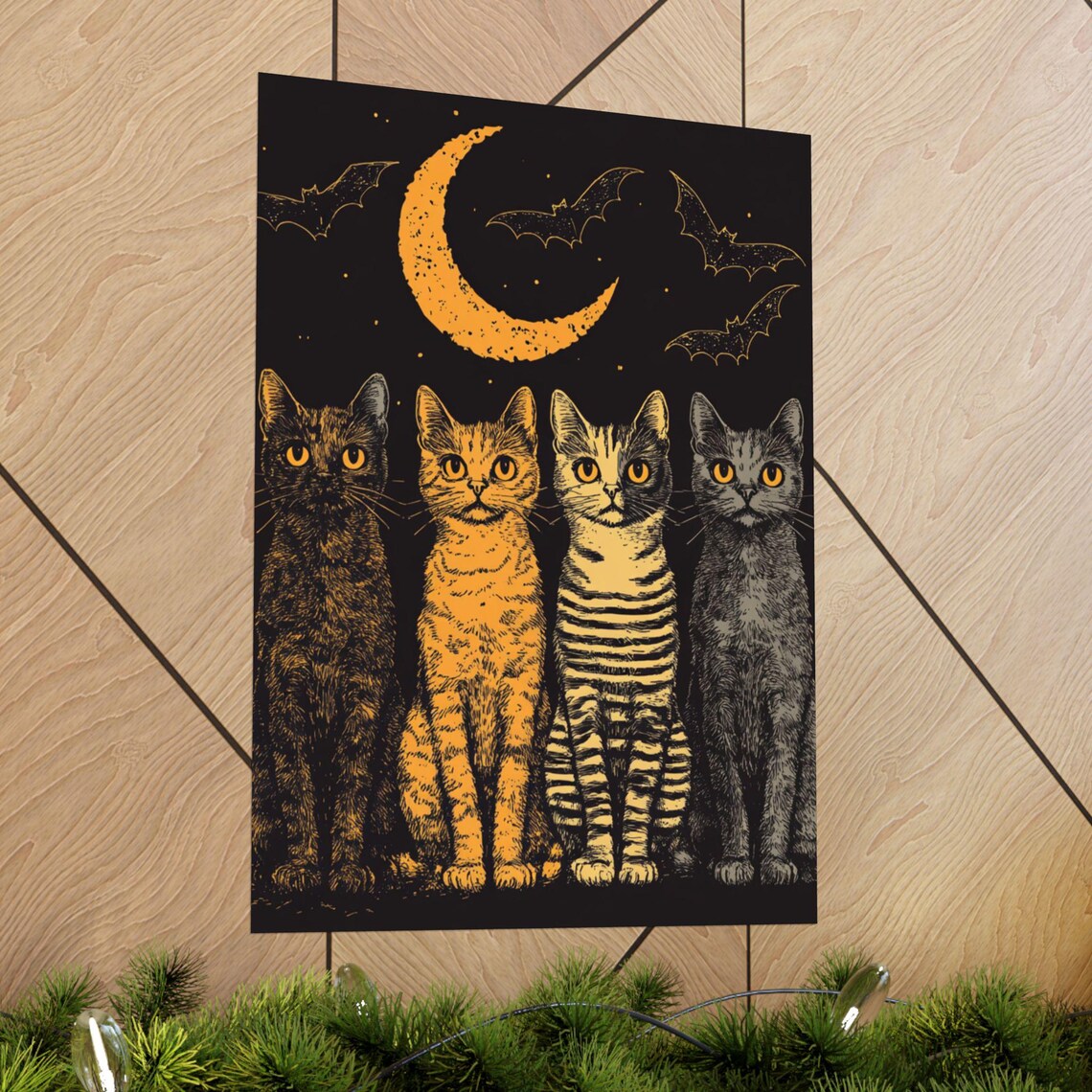 Moonlit Gaze: Cats and Bats Poster - Etsy