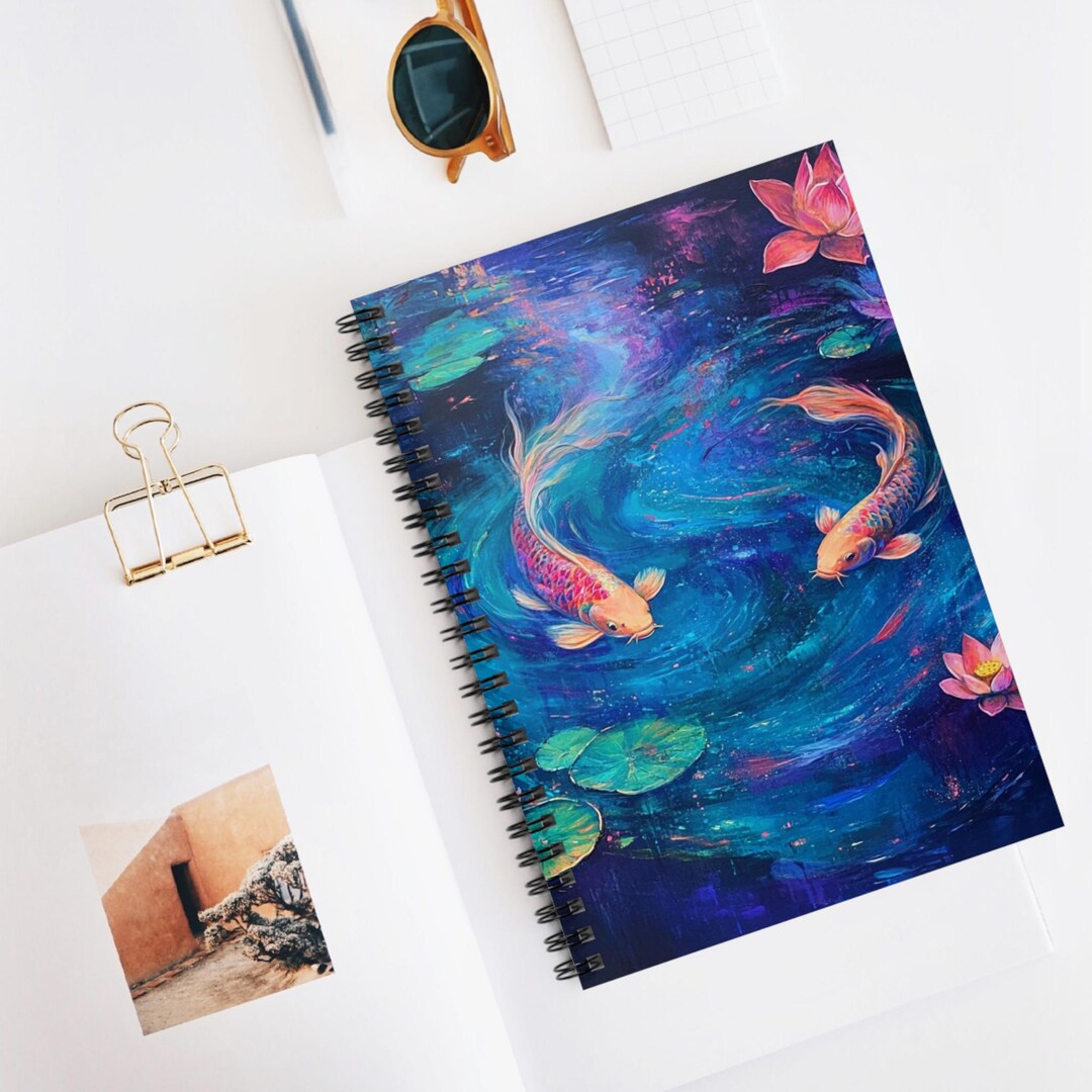 Cosmic Koi Fish Spiral Notebook - Neon River Design, 118 Ruled Pages ...