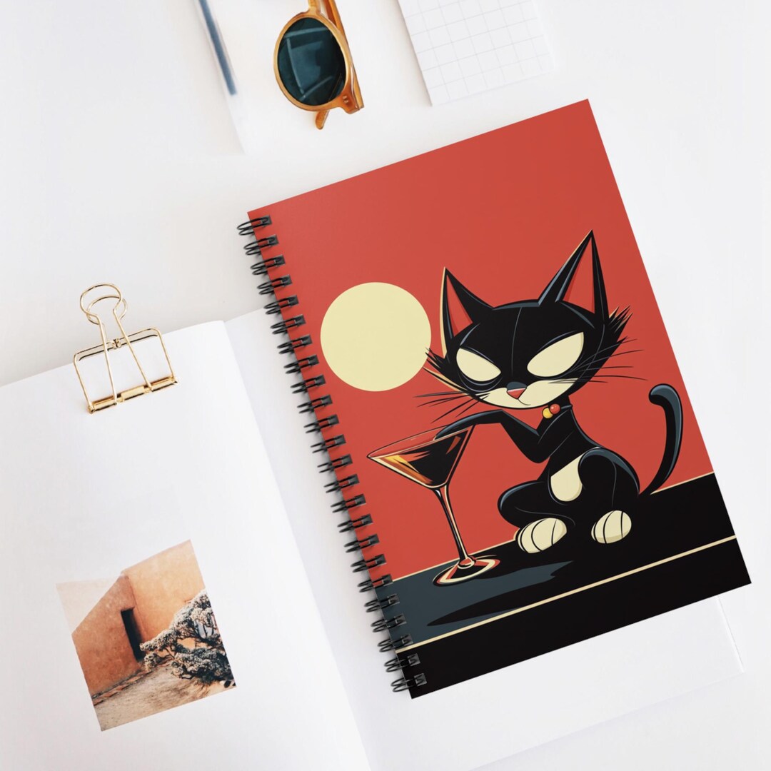 Spiral Notebook Cartoon Cat Martini, Ruled Line Stationery, 50s Style ...