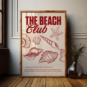 The Beach Club Poster, Summer Beach Coastal Red Art Red Poster Beach ...