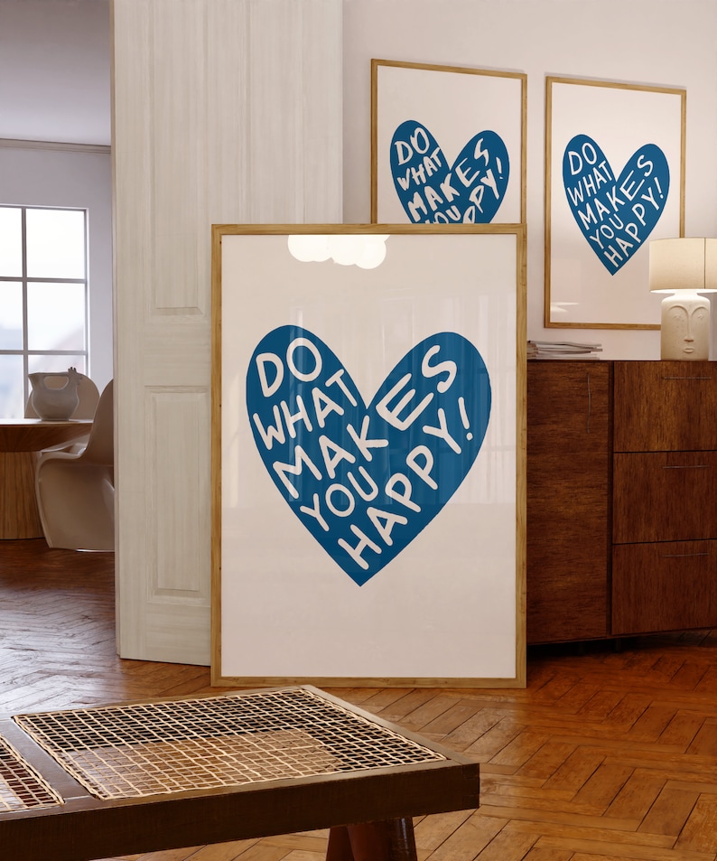 Blue Heart Print Retro, Trendy Wall Art Blue, Preppy Room Decor ...
