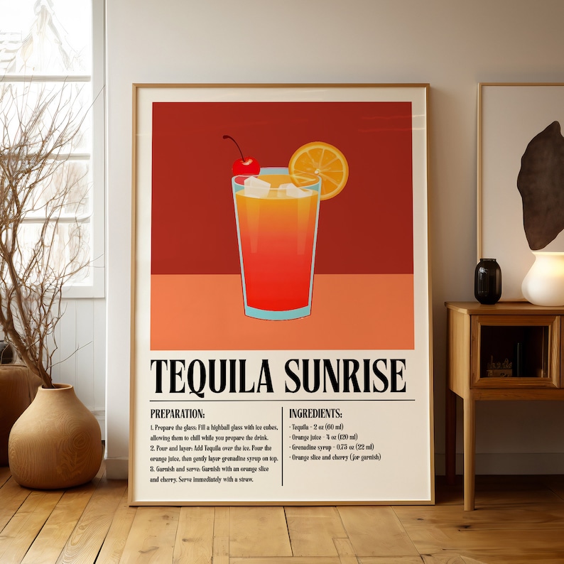 Tequila Sunrise Poster, Cocktail Print Bar Cart Decor, Tequila Sunrise ...