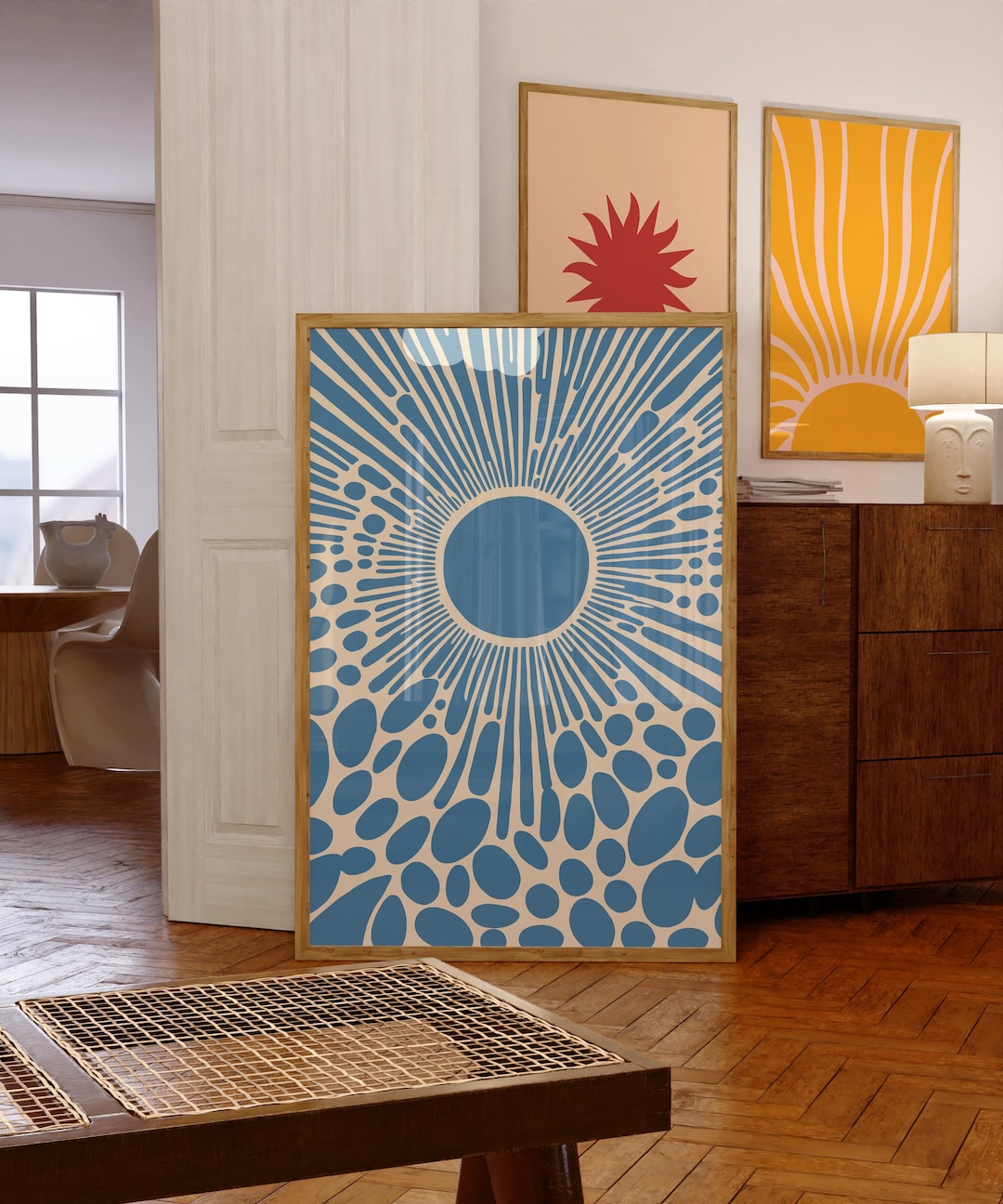 Sunburst Wall Art Blue Poster, Abstract Minimalist Print, Modern Sun ...