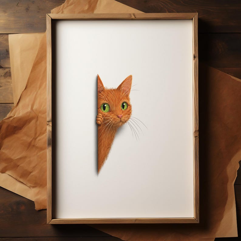 Peeking Cat Poster, Funny Orange Tabby Wall Art, Cute Ginger Cat Print ...