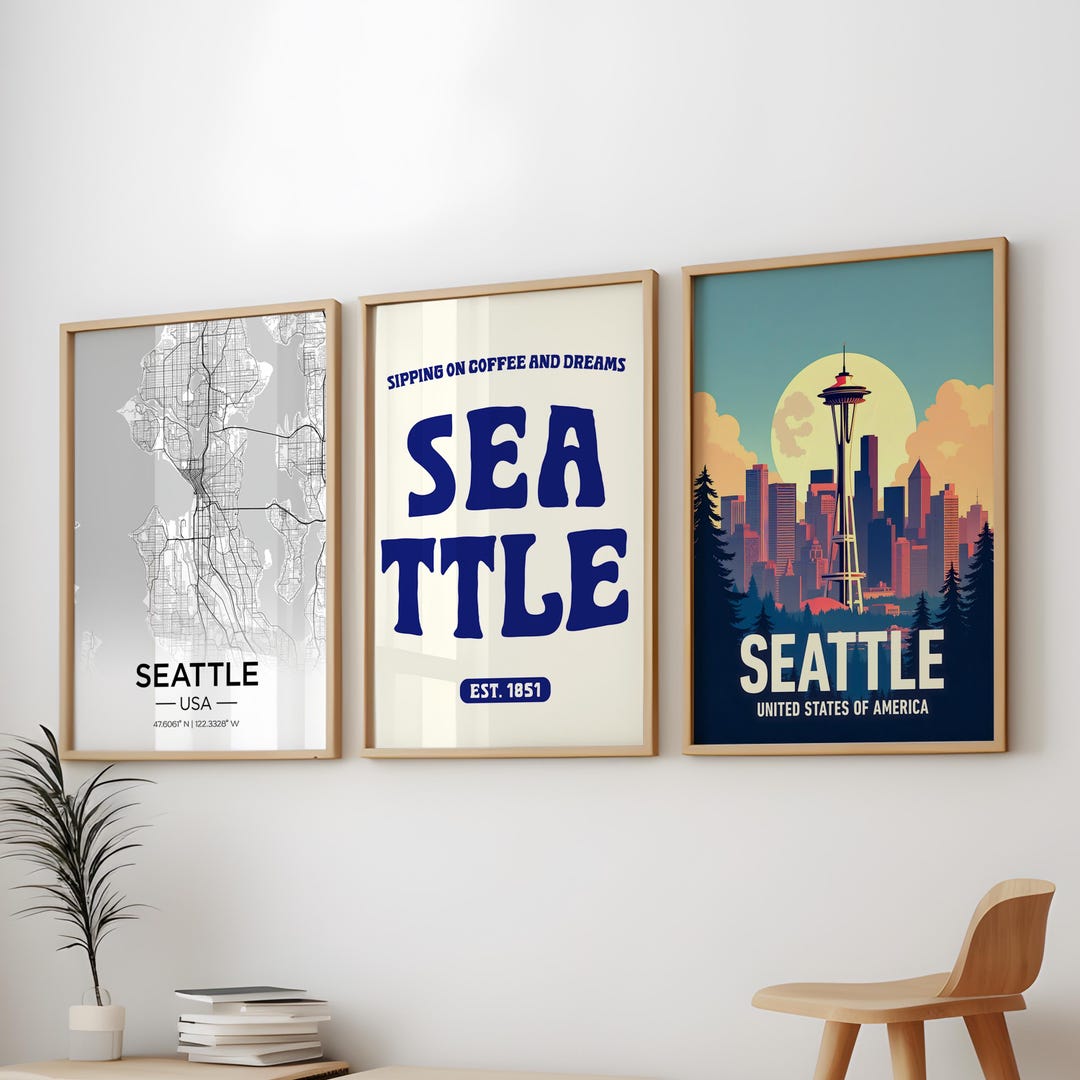 Seattle 3 Posters Pack, Seattle City 3 Wall Art Pack, Seattle Vintage ...