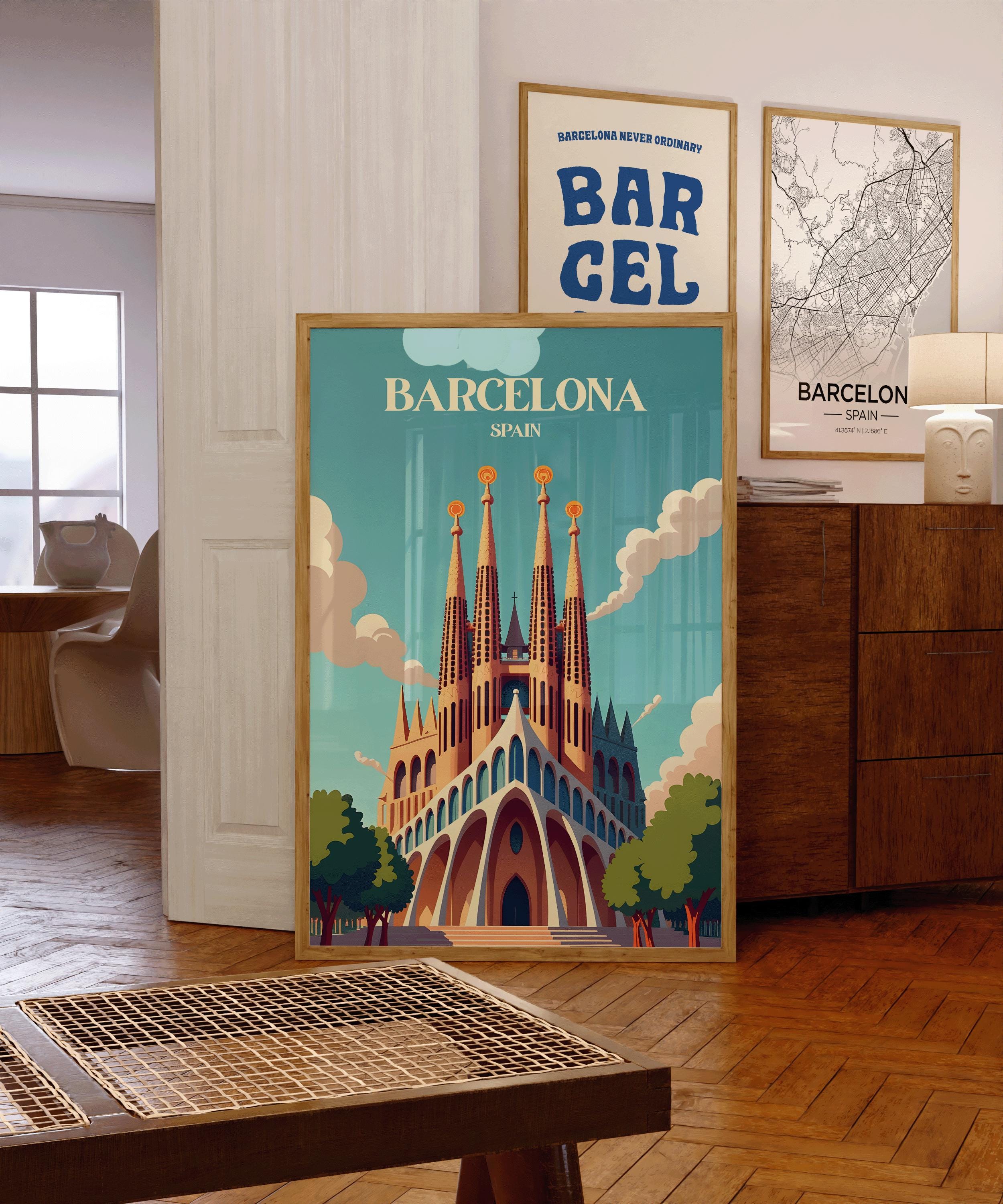 Barcelona Vintage Travel Poster Set: City Map, Architecture (digital ...