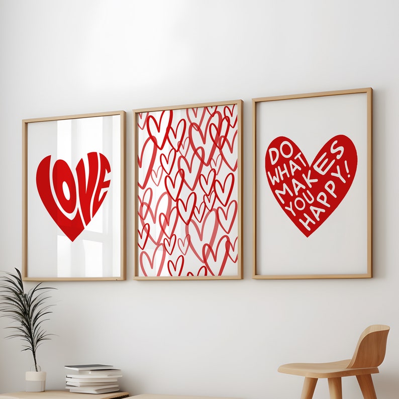 Red Heart Print 3 Pack, Red Retro Trendy Wall Art for Preppy Rooms, Red ...