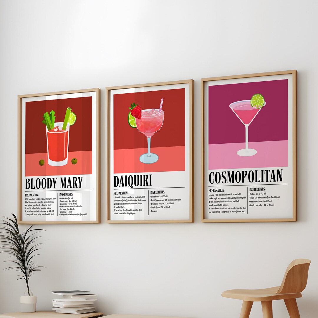 Cosmopolitan Poster 3 Pack, Daiquiri Print Art Cocktail Wall Print ...