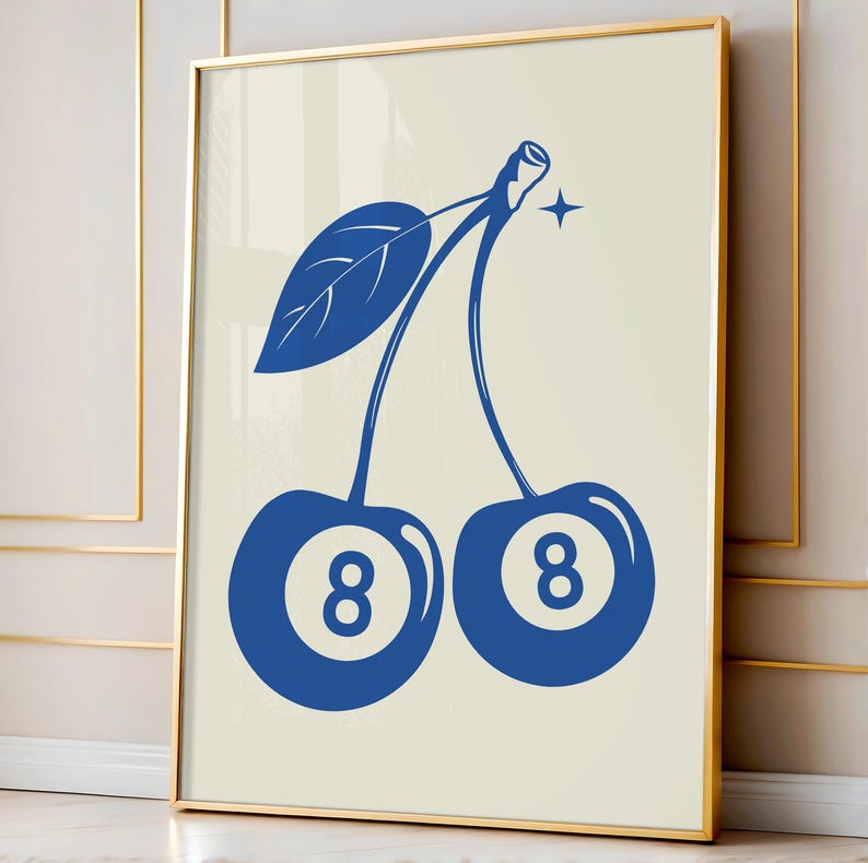8 Pool Ball Print, Blue Retro Trendy 8 Ball Cherries Print, Blue ...