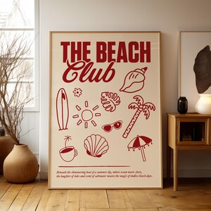 The Beach Club Poster, Summer Beach Coastal Red Art Red Poster Beach ...