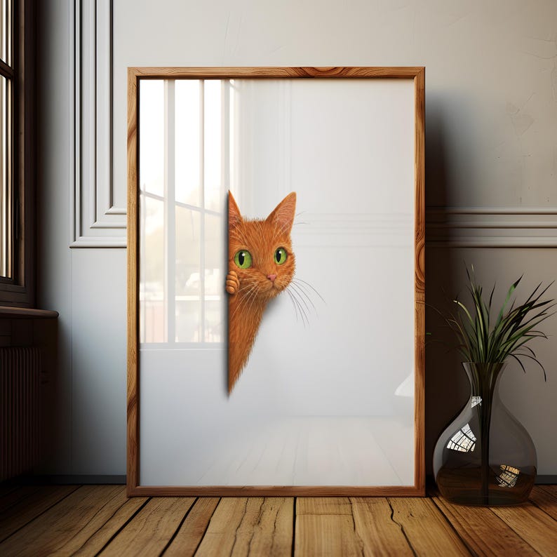 Peeking Cat Poster, Funny Orange Tabby Wall Art, Cute Ginger Cat Print ...