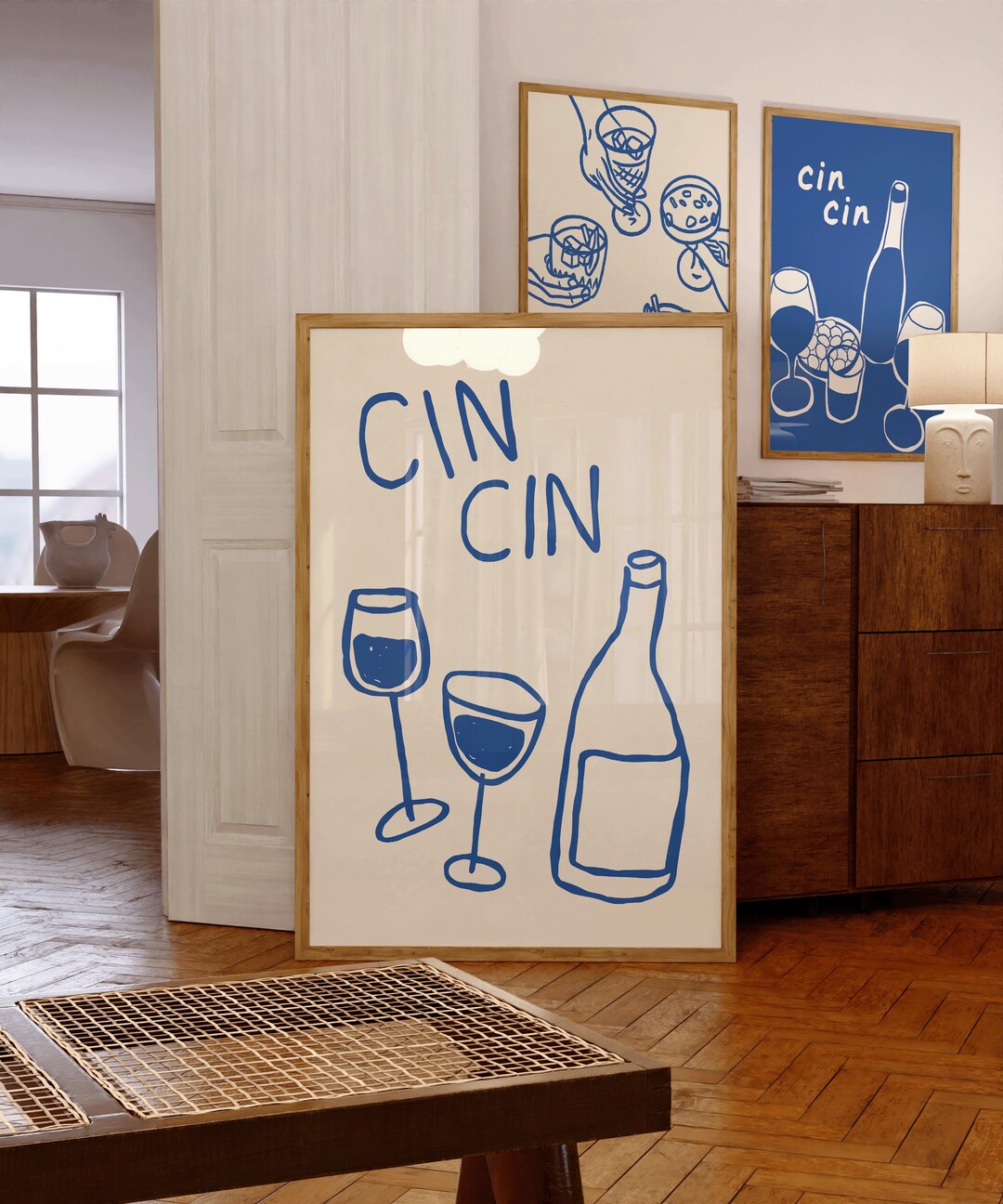 Cin Cin Print, Blue Retro Trendy Print, Blue Cin Cin Wine Poster, Trendy Wall Art for Bar Cart ...