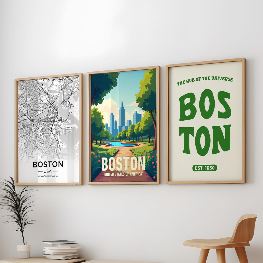 Boston Poster 3 Set: City Map, Skyline, Green Urban Art, Massachusetts ...