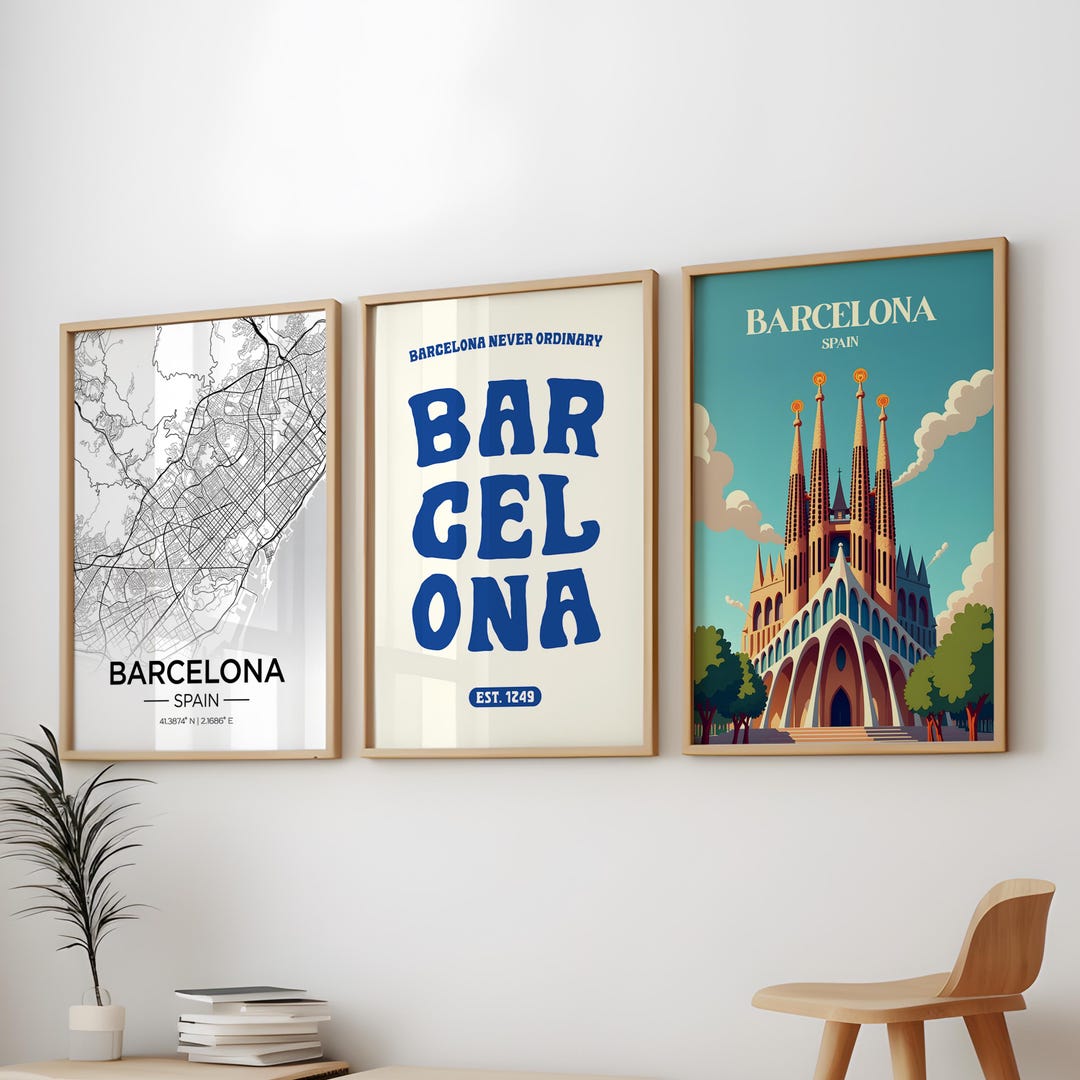 Barcelona Vintage Travel Poster Set: City Map, Architecture (digital ...