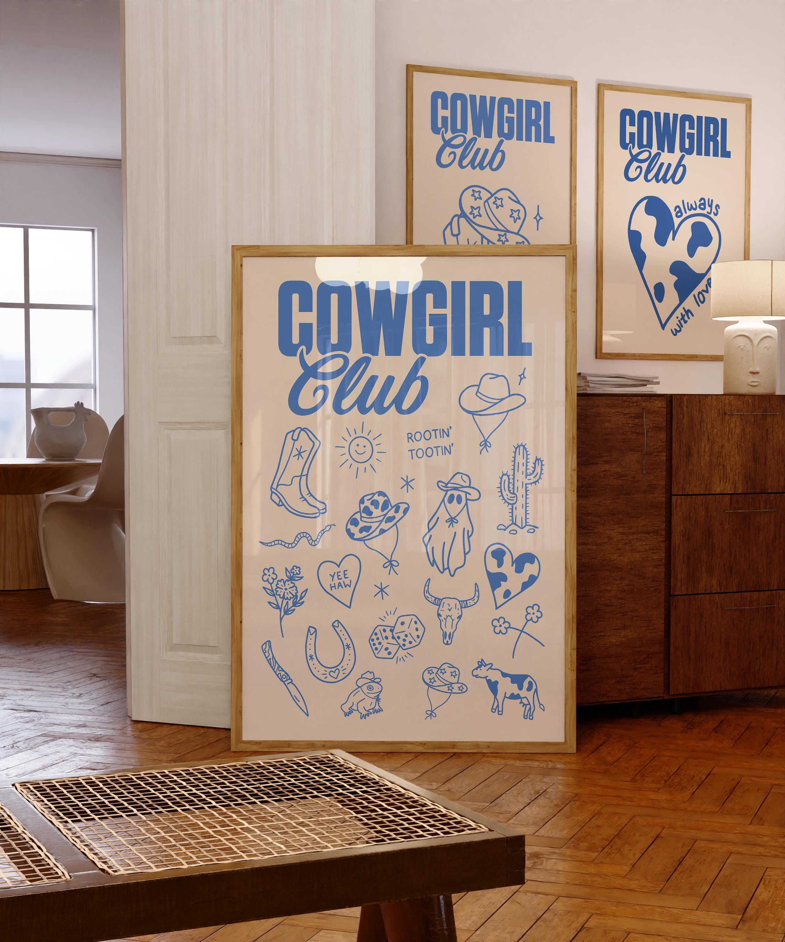 Cowgirl Club Poster, Blue Western Wall Art for Bedroom, Retro Country ...