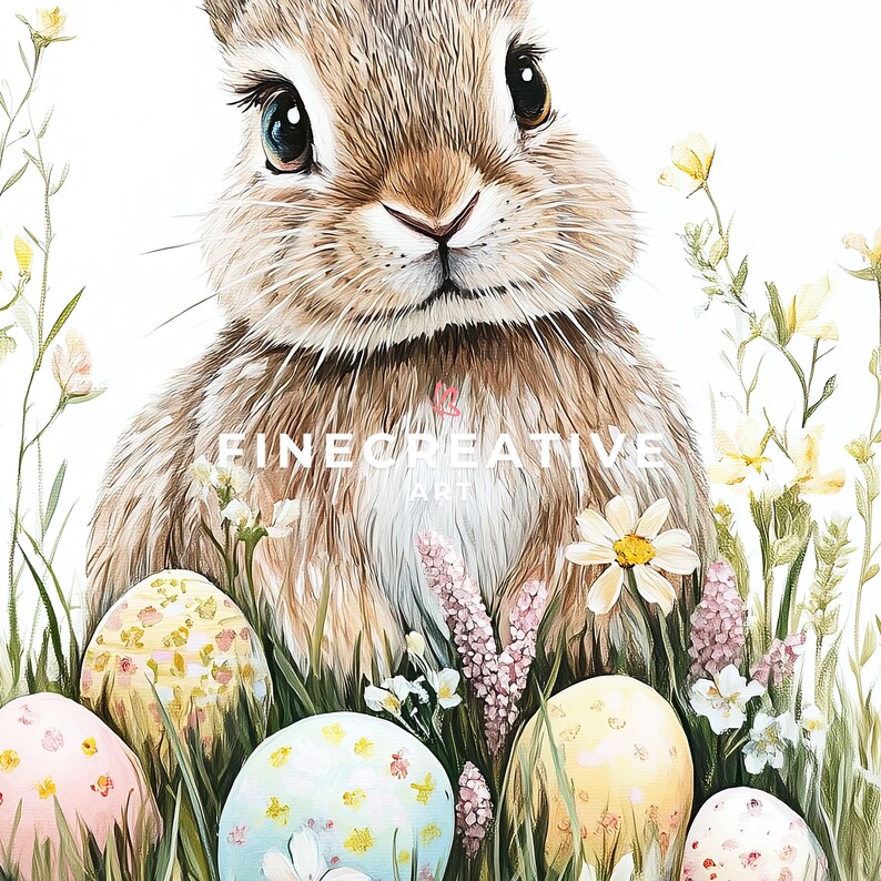 Easter Bunny Wall Art Printable, Cute Rabbit With Easter Eggs, Spring ...