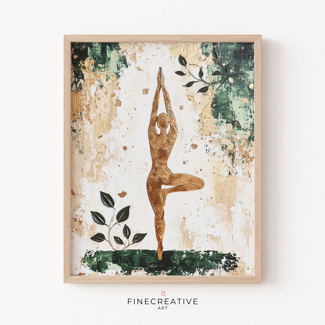 Abstract Boho Print Yoga Pose in Gold Texture Female Silhouette, Zen ...