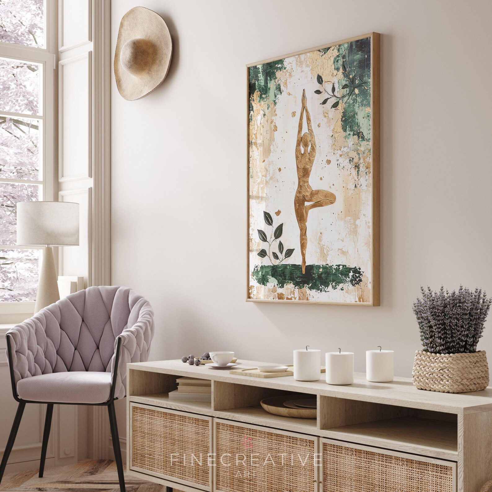 Abstract Boho Print Yoga Pose in Gold Texture Female Silhouette, Zen ...
