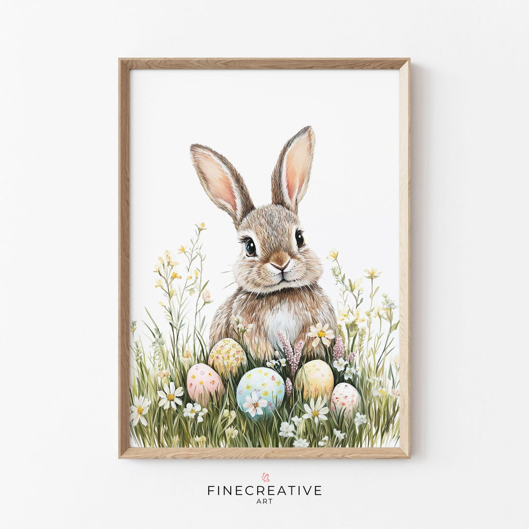 Easter Bunny Wall Art Printable, Cute Rabbit With Easter Eggs, Spring ...