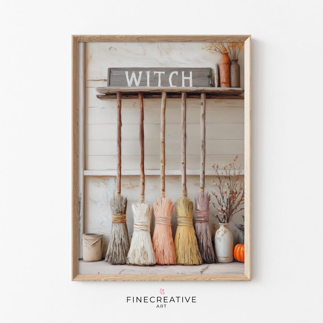 Witch Broom Art Printable for Halloween, Whimsical Fall Still Life in ...