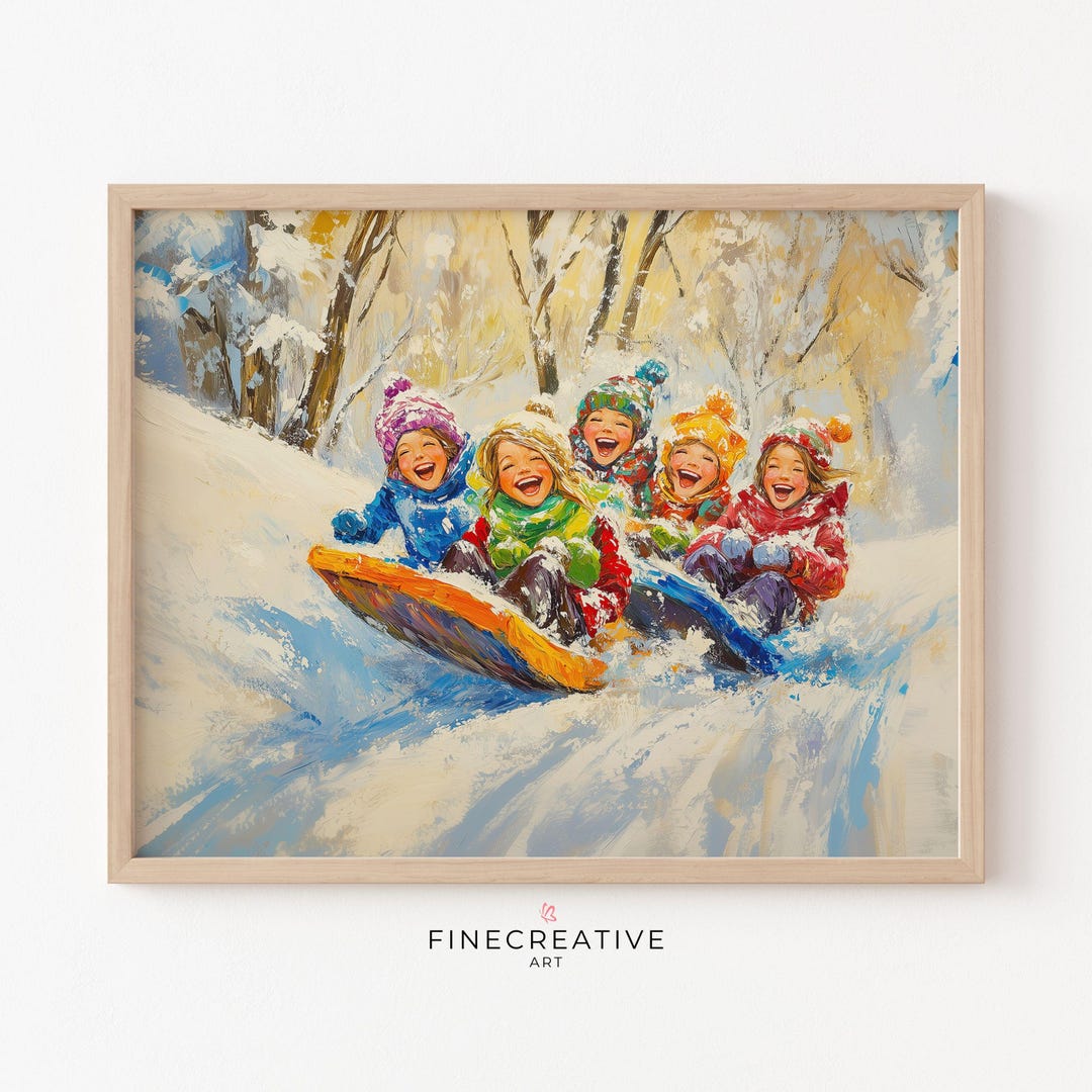 Sledding Art | Winter Painting | PRINTABLE Wall Art | Children Ride ...