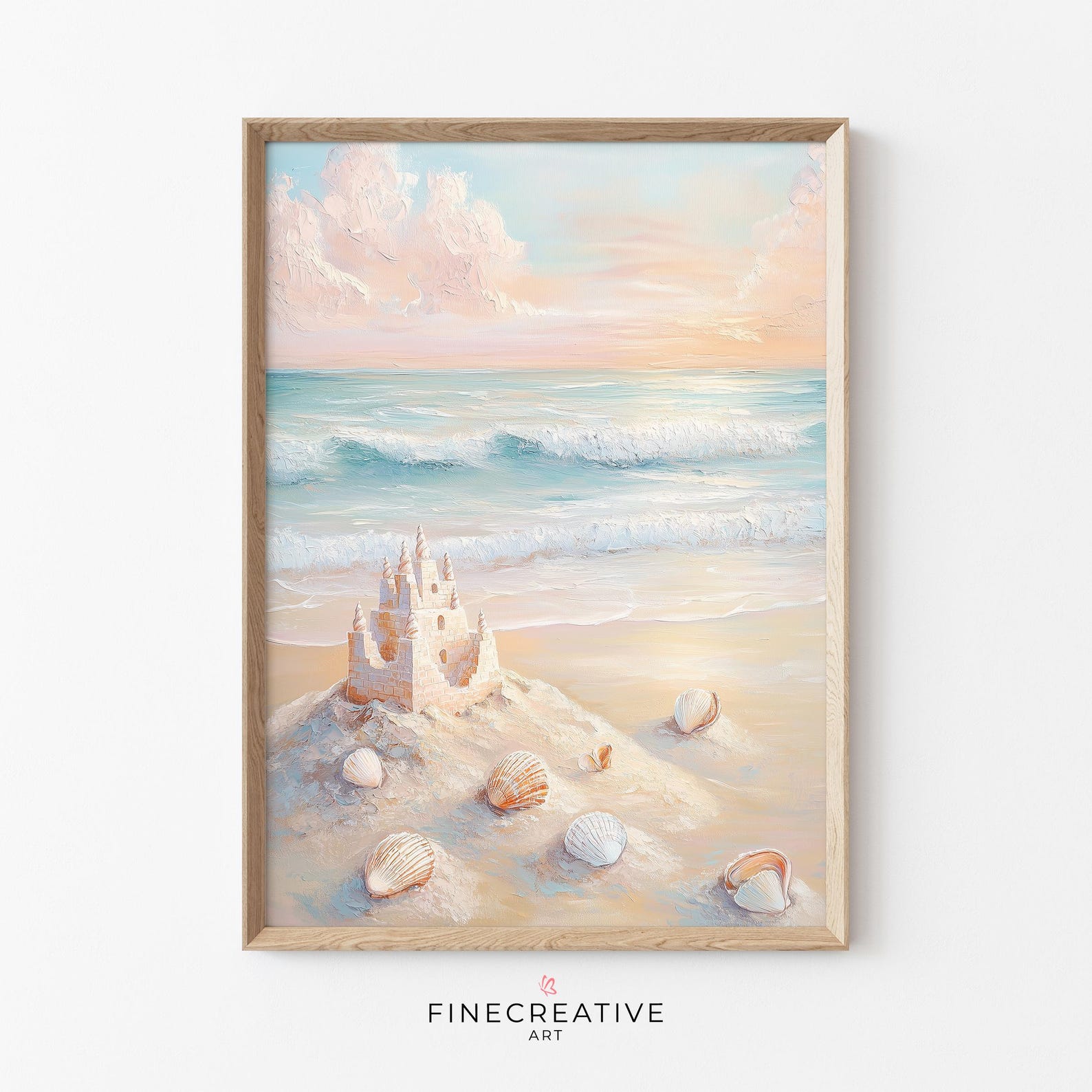 Sandcastle Print Coastal Wall Art With Seashells & Pastel Beach Sunrise ...