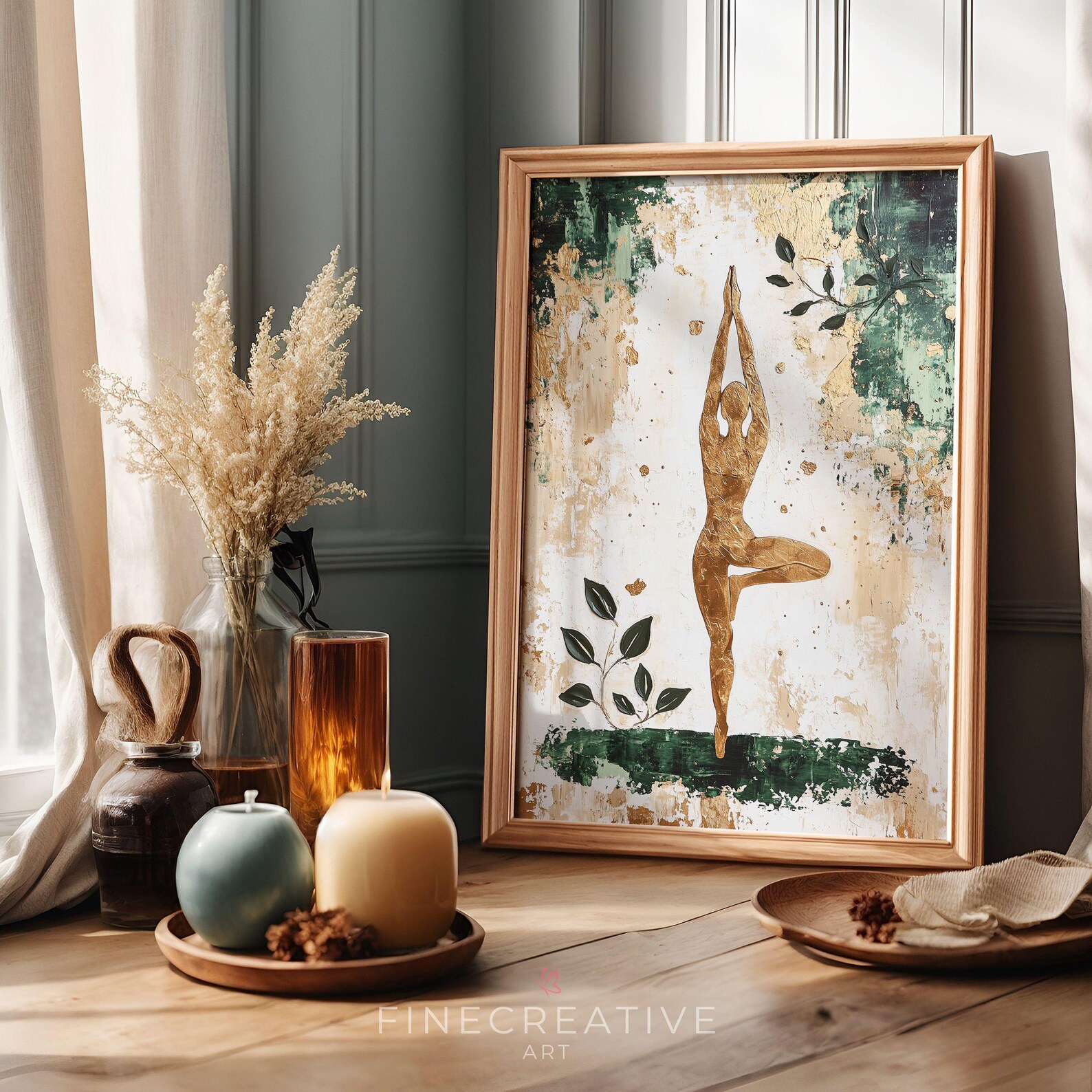 Abstract Boho Print Yoga Pose in Gold Texture Female Silhouette, Zen ...