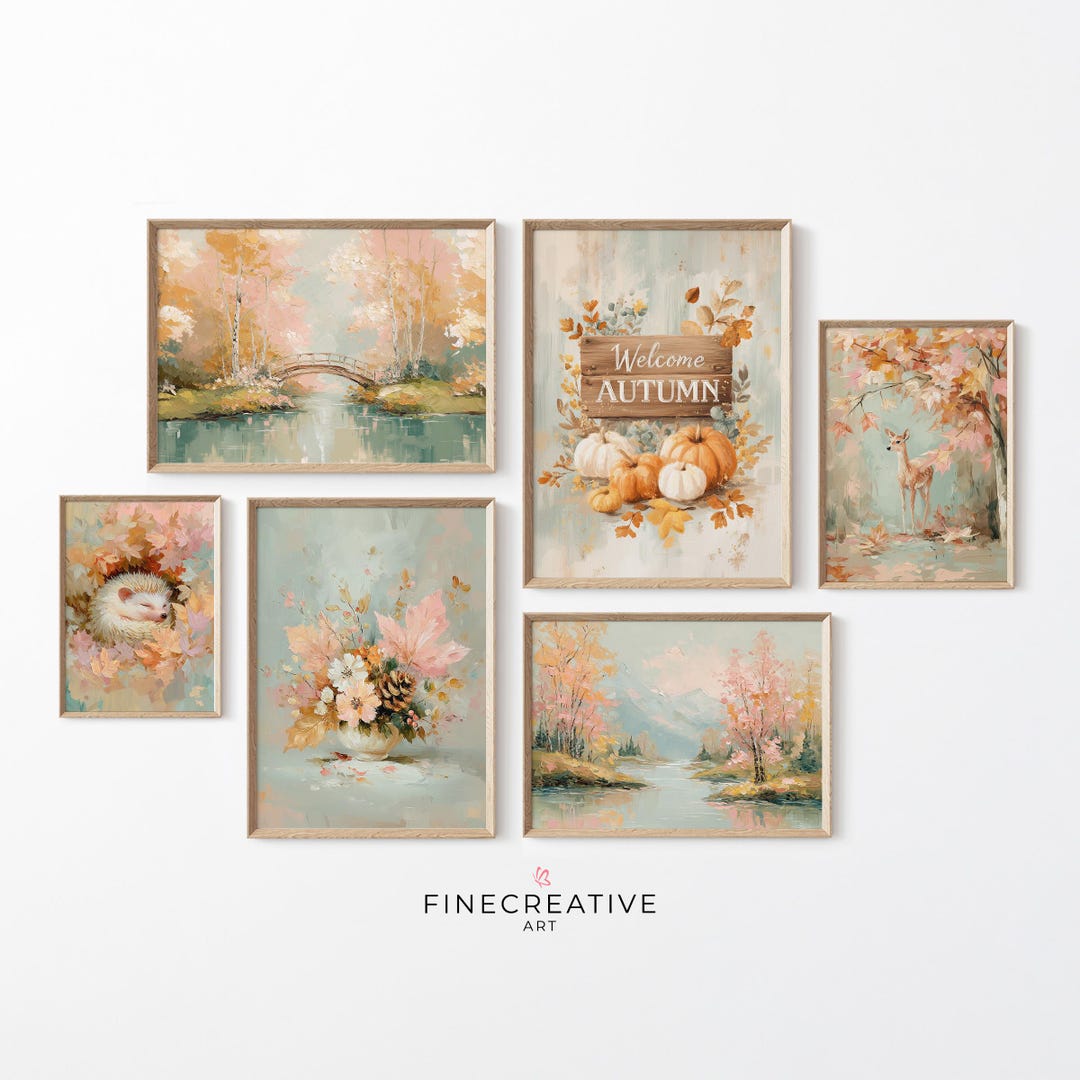 Fall Gallery Wall Art Set of 6 Prints, Autumn Landscape & Pumpkin Art ...
