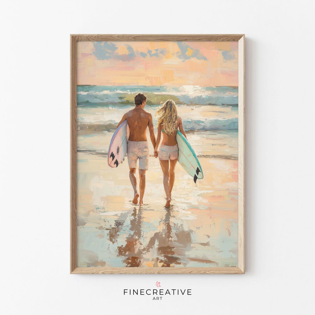 Surfboard Wall Art Beach Couple Print Pastel Ocean Decor Romantic