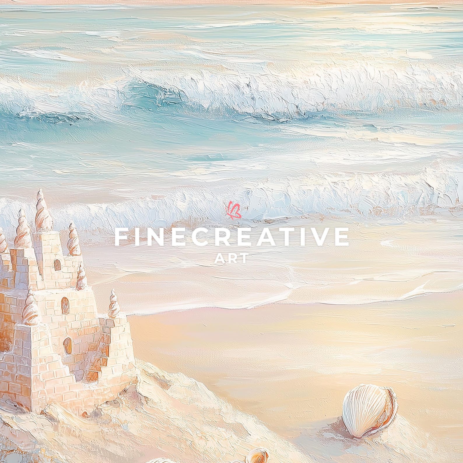 Sandcastle Print Coastal Wall Art With Seashells & Pastel Beach Sunrise ...