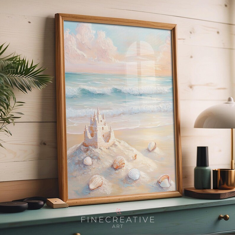 Sandcastle Print Coastal Wall Art With Seashells & Pastel Beach Sunrise ...