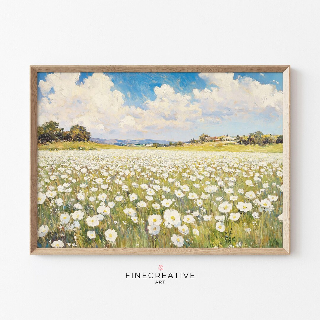 White Wildflower Field Printable Wall Art, Spring Landscape Painting ...
