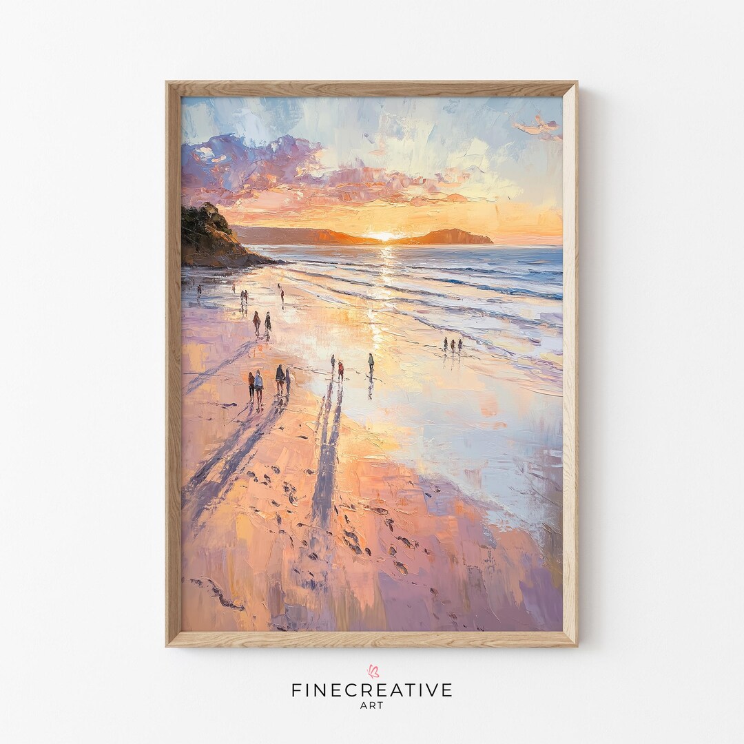 Sunset Beach Art Printable, Pastel Coastal Wall Decor With Ocean Waves ...