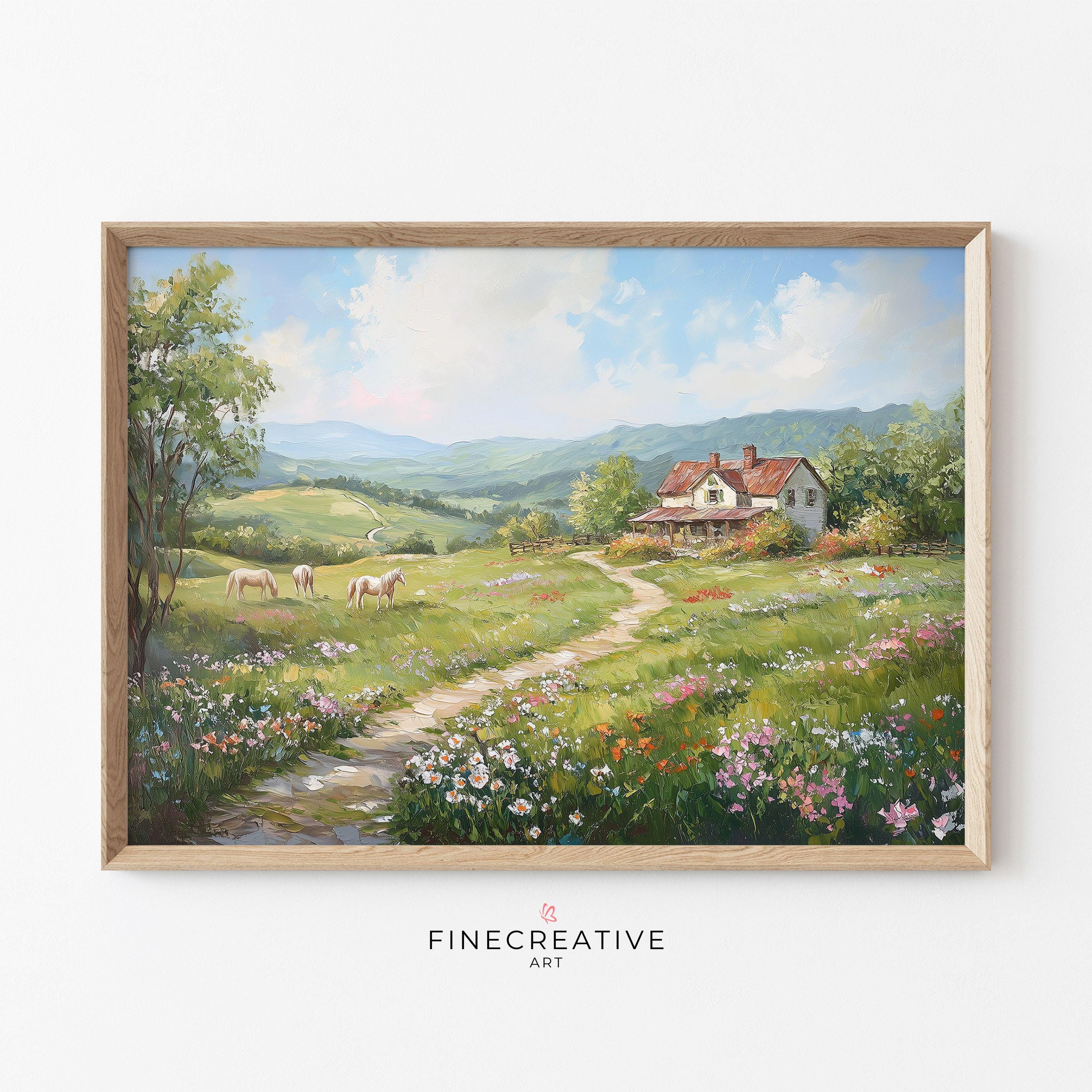 Printable Farmhouse Landscape Art, Spring Countryside Wall Decor With ...